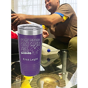 LaserGram 20oz Tumbler Mug | Some Heroes don't Wear Capes, They Wear Scrubs | Personalized Engraving Included (Dark Purple)