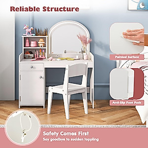 GOFLAME Kids Vanity Set with Lighted Mirror, Toddler Makeup Dressing Princess Table & Chair Set with Shelves, Drawer & Cabinet, Pretend Play Vanity Set with Mirror and 2-Color LED Lights, White