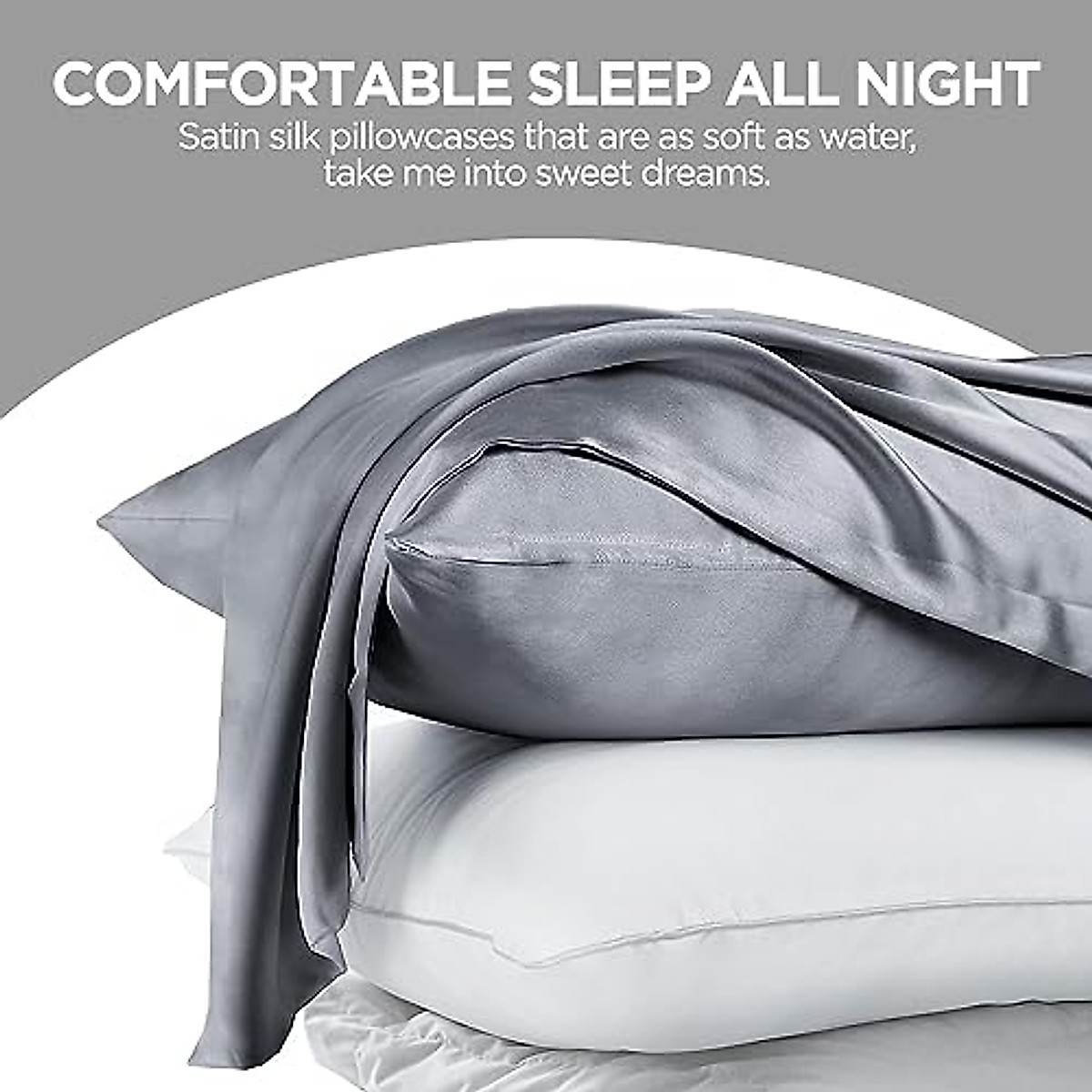 Satin Pillowcases Set of 2 - Mulberry Silk Pillowcase for Hair and Skin, Soft, Smooth, Anti Acne, Beauty Sleep Silk Pillow Cases Covers with Zipper Gifts for Women Men (King（20"X 36"）, Gray)