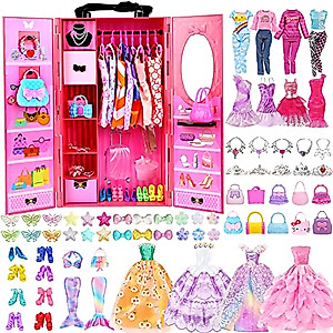 98 Pack Doll Clothes and Accessories with Closet Wardrobe DIY Playset for 11.5 Inch Doll Including Wedding Dress Fashion Dress Casual wear Swimsuit Shoes Hangers Necklace Bags (11.5inch)