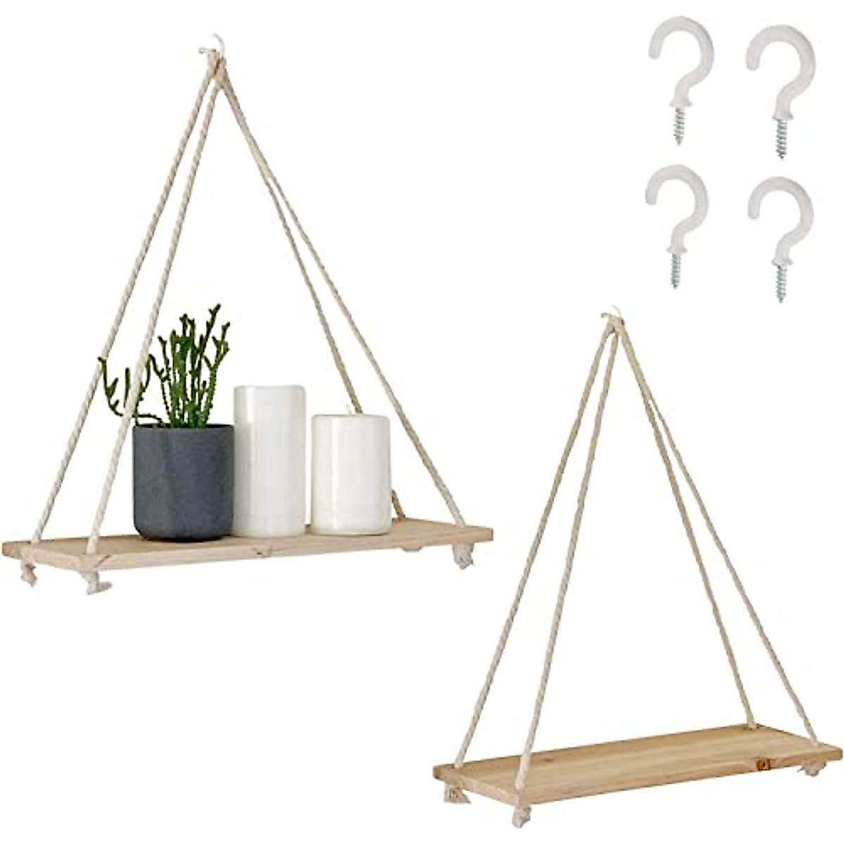 Hanging Shelves for Wall [Set of 2 w/ Hooks] Wooden Shelf Macrame Rope, Natural Light Reclaimed Wood, Boho Decor Triangle Floating Farmhouse Rustic Modern Plant Aesthetic, Dorm Living Room Bedroom