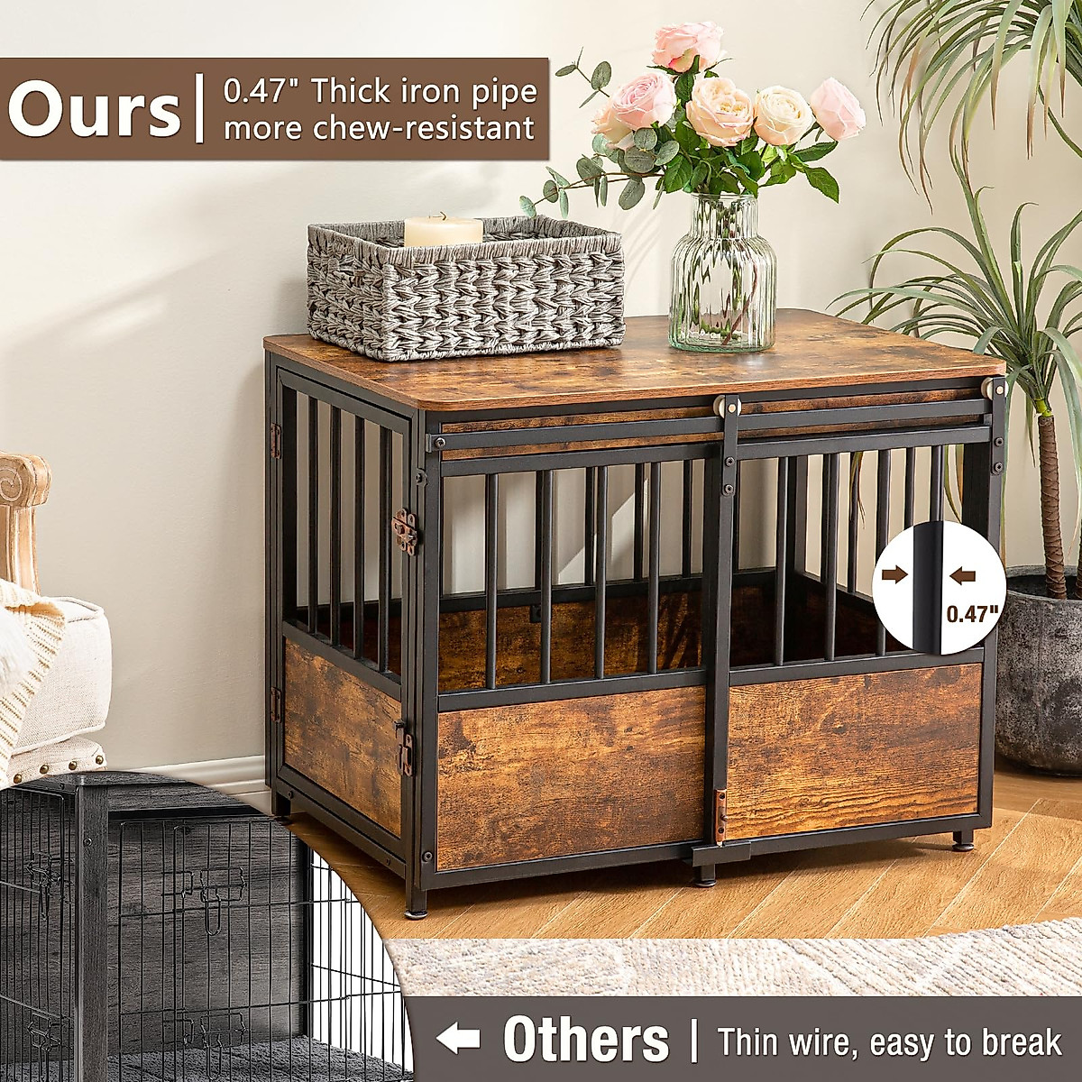 KOOPRO 32 Inch Dog Crate Furniture with Cushion for Large Medium Dogs, Wooden Heavy Duty Dog Kennel with Double Doors, Decorative Pet House Dog Cage Side End Table Indoor, Sliding Door Chew-Resistant