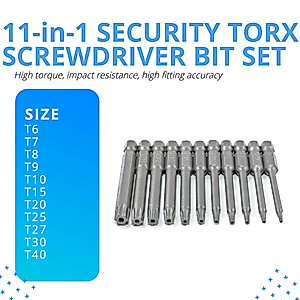 VESTTIO Security Torx Screwdriver Bit Set 11PCS 1/4 Inch Hex Shank 3 Inch/75 mm Length S2 Steel Tamper Proof Star 6 Point with Magnetic for Power Screwdriver Drill Impact Driver