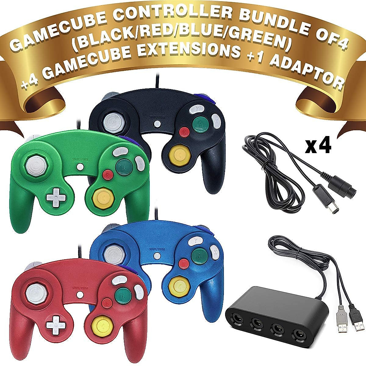 4 Controllers for Gamecube with 4 Extension Cables and 4-Port USB Adapter for Switch PC Wii U Console (Black+Blue+Red+Green)