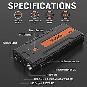 SASOPOW Car Jump Starter, 2000A Peak Battery Starter for 8.5L Gas and 7.0L Diesel Engines, 12V Lithium Jump Box for Vehicles, Battery Booster with USB QC3.0, Jump Pack with Built-in LED Light