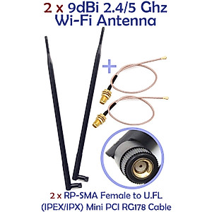 Set of 2 Omni-Directional Wi-Fi Long Range Dual Band 9 Dbi Antenna 2.4/5Ghz 802.11n/b/g and 2 RF U.FL Mini PCI to RP-SMA Female Pigtail Antenna Wi-Fi Cable (Kit for Routers, mini PCIe Cards)