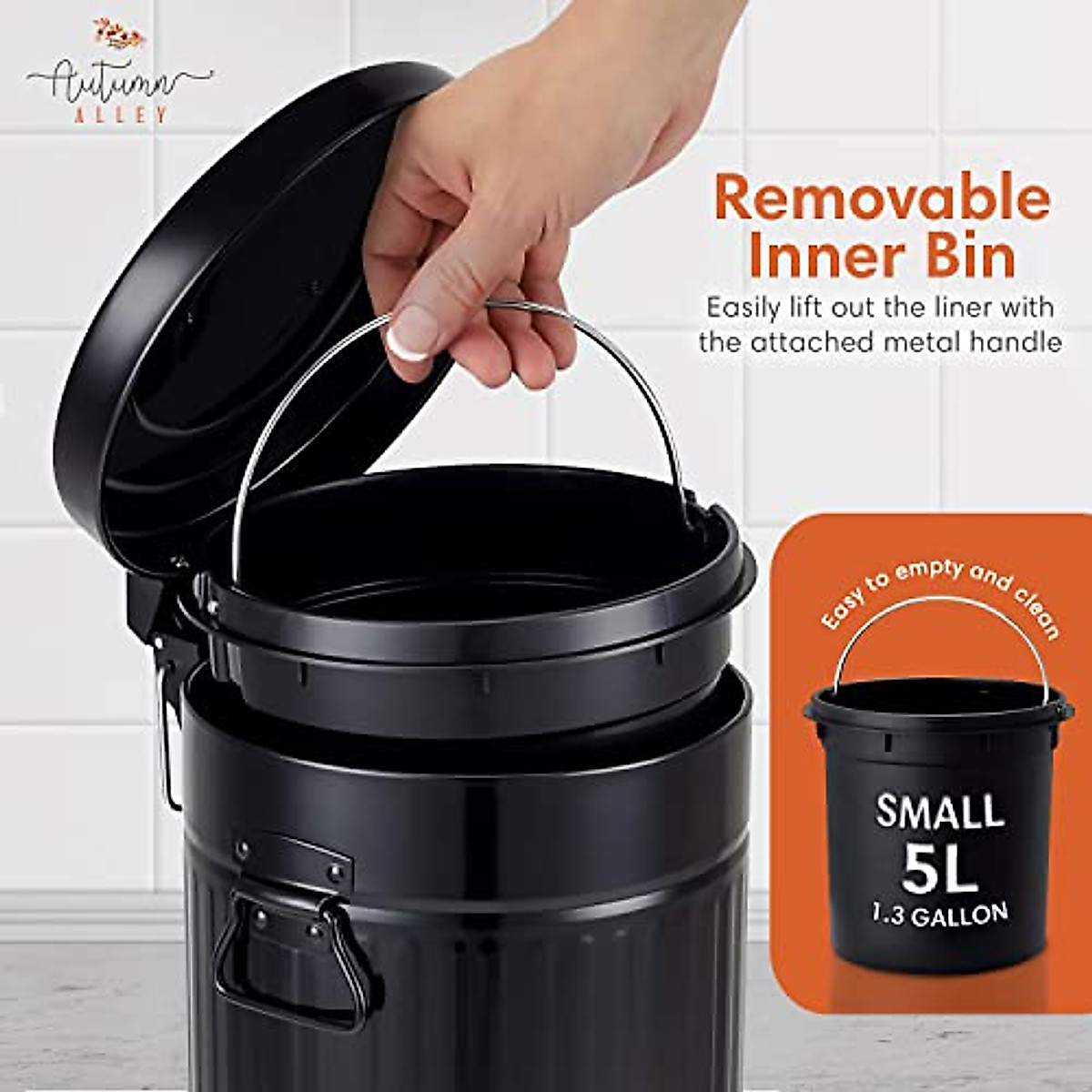 Autumn Alley Farmhouse Bathroom Trash Can - Black Bathroom Trash Can with Lid and Pedal for Rustic Bathroom, Farmhouse Kitchen Trash Can, Country Home Décor, 5L, 1.3 Gallon, Matte Black