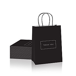 Purple Q Crafts Small Paper Thank You Gift Bags with Handles – 8x4x10 Inches, Strong Quality 50 Pack Shopping Bags with Thank You Logo - Black Thank You Bags For Business and Boutiqe Shops