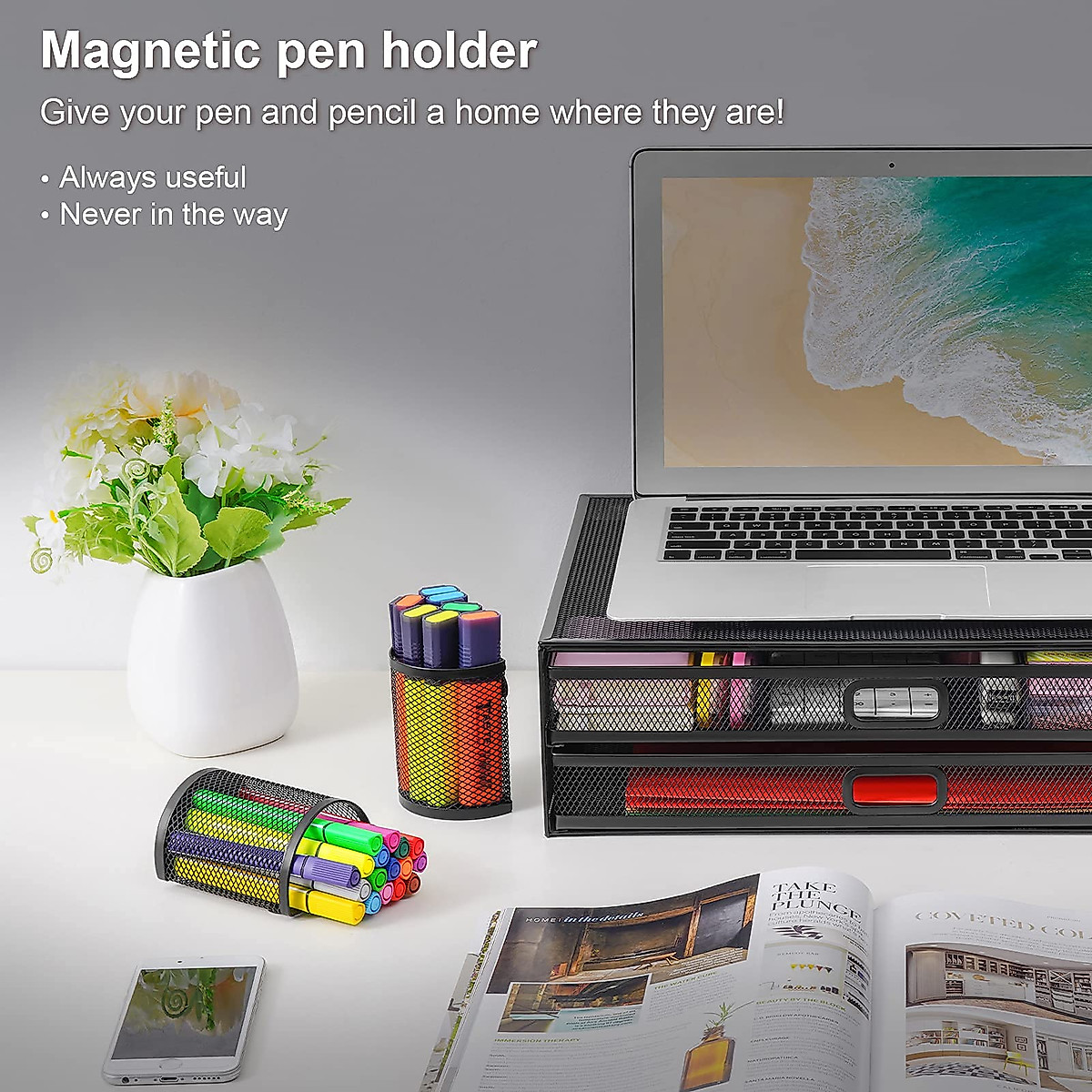 Monitor Stand with Drawer | Monitor Riser with Drawers and 2 Magnetic Pen Holder | Black Mesh Metal Desk Organizer for Computer, PC, Laptop, Printer, Notebook, iMac (Set of 3)