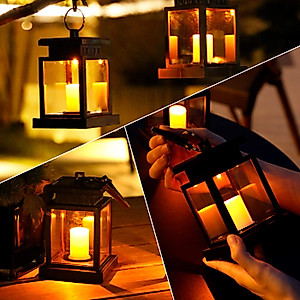 Solar Candle Lantern, Solar Garden Lights Hanging with LED Flickering Flame, 2Pcs Outdoor Lantern Light Waterproof for Christmas Decoration and Party (Warm White Light)