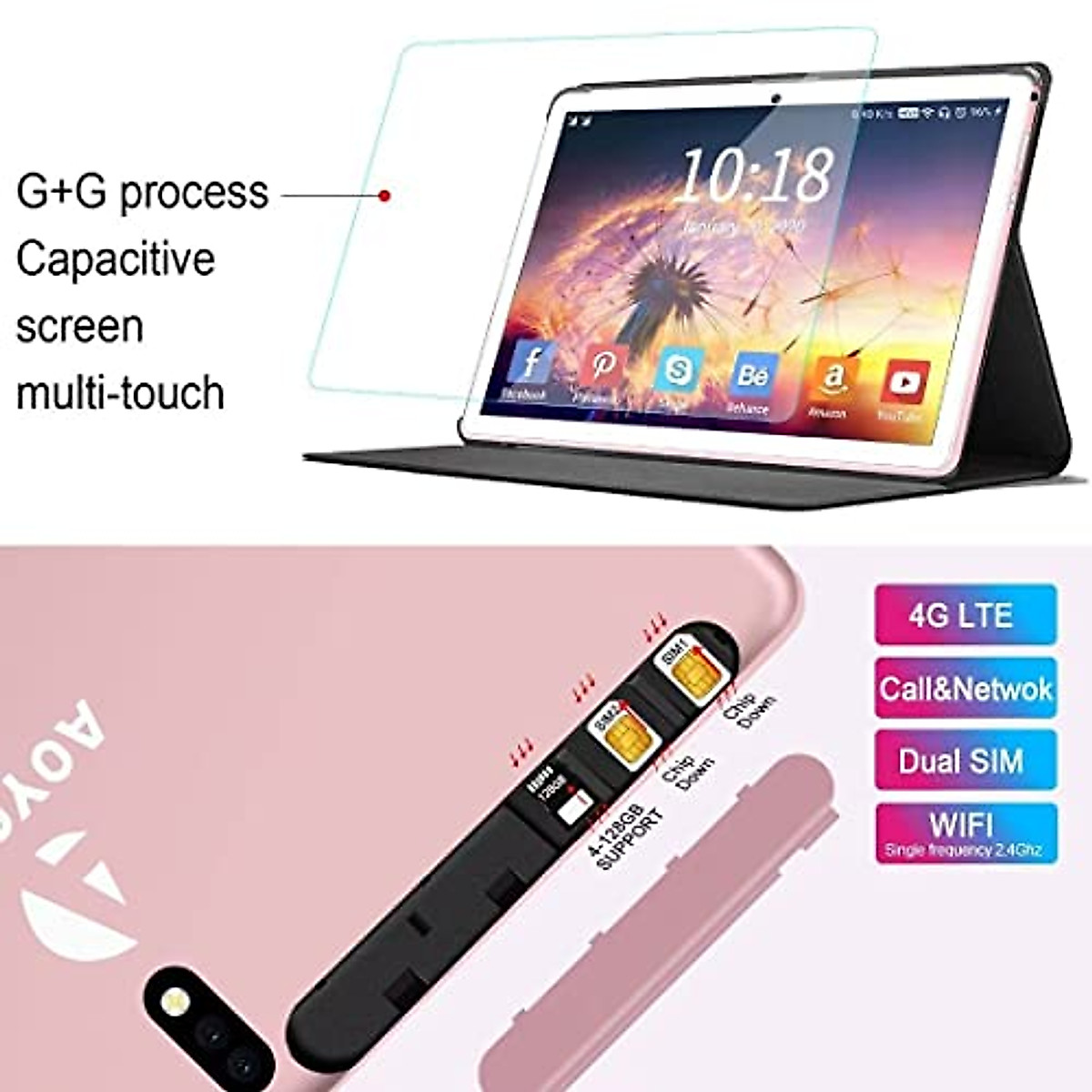 AOYODKG Android 10.0 Tablet 10 Inch, 4GB RAM + 64GB ROM + 128GB Expand, Quad-Core 1.8Ghz Processor, 13MP Dual Camera, OTG, 2 in 1 Tablet with 4G LTE & 2.4G WiFi Tablet PC - AYO A22