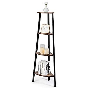 Tangkula Industrial Corner Shelf, 4-Tier Ladder Bookshelf, Metal Frame Storage Rack, Bookcase, Plant Stand, Multipurpose Accent Furniture for Home Office, Display Corner Shelf (Rustic Brown)