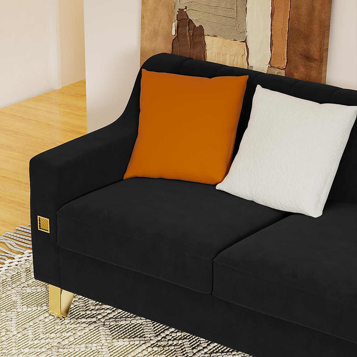 STORFENBOR 83'' Velvet Sofa, Chesterfield Velvet Upholstered Mid-Century Modern Loveseat, Ring Anti-Crash Design Armchair Feet, 3 Seat Living Room Apartment Large Comfort Sofa (Beige)