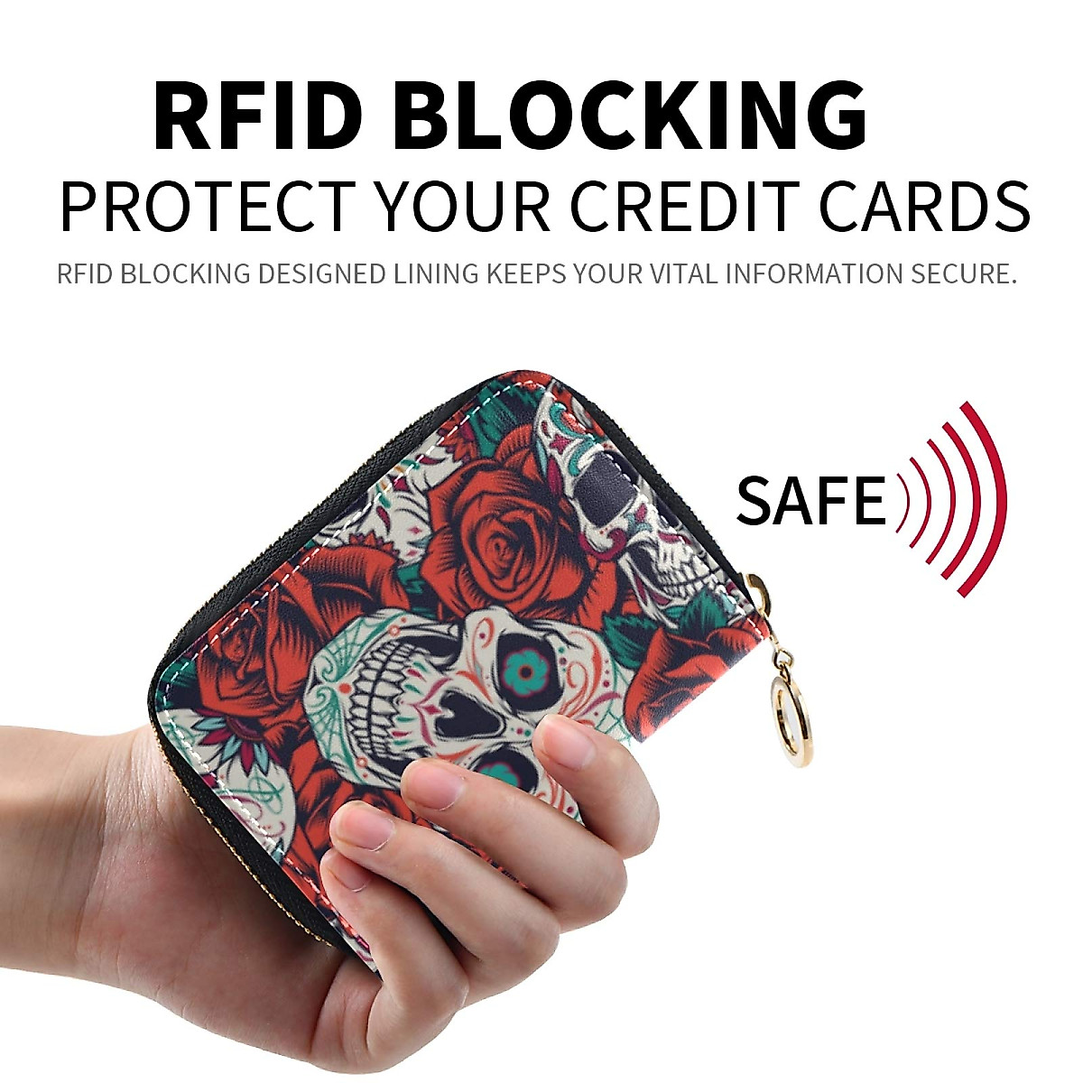 MOYYO RFID Credit Card Holder Case Vintage Sugar Skull Red Rose Leather Printed Zipper Card Case Wallet for Women Girls