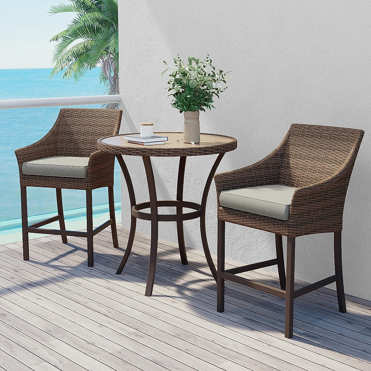 Grand patio 3-Piece Patio Bar Set, Outdoor Wicker Bar Stools Set with Olefin Cushions and Faux-Wood Table Top,Bar Table and Chairs Set for Garden,Backyard,Traditional American Style-Brown