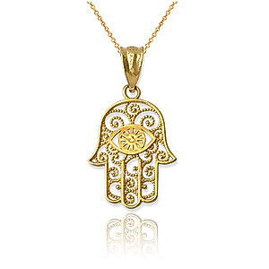 LA BLINGZ 10K Yellow Gold Hamsa Evil Eye Filigree Charm Necklace (20" Necklace)