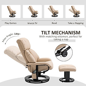 HOMCOM Massage Recliner Chair with Ottoman, 360° Swivel Recliner and Footstool, 10 Point Vibration, PU Leather Reclining Chair with Side Pocket and Remote Control, Beige