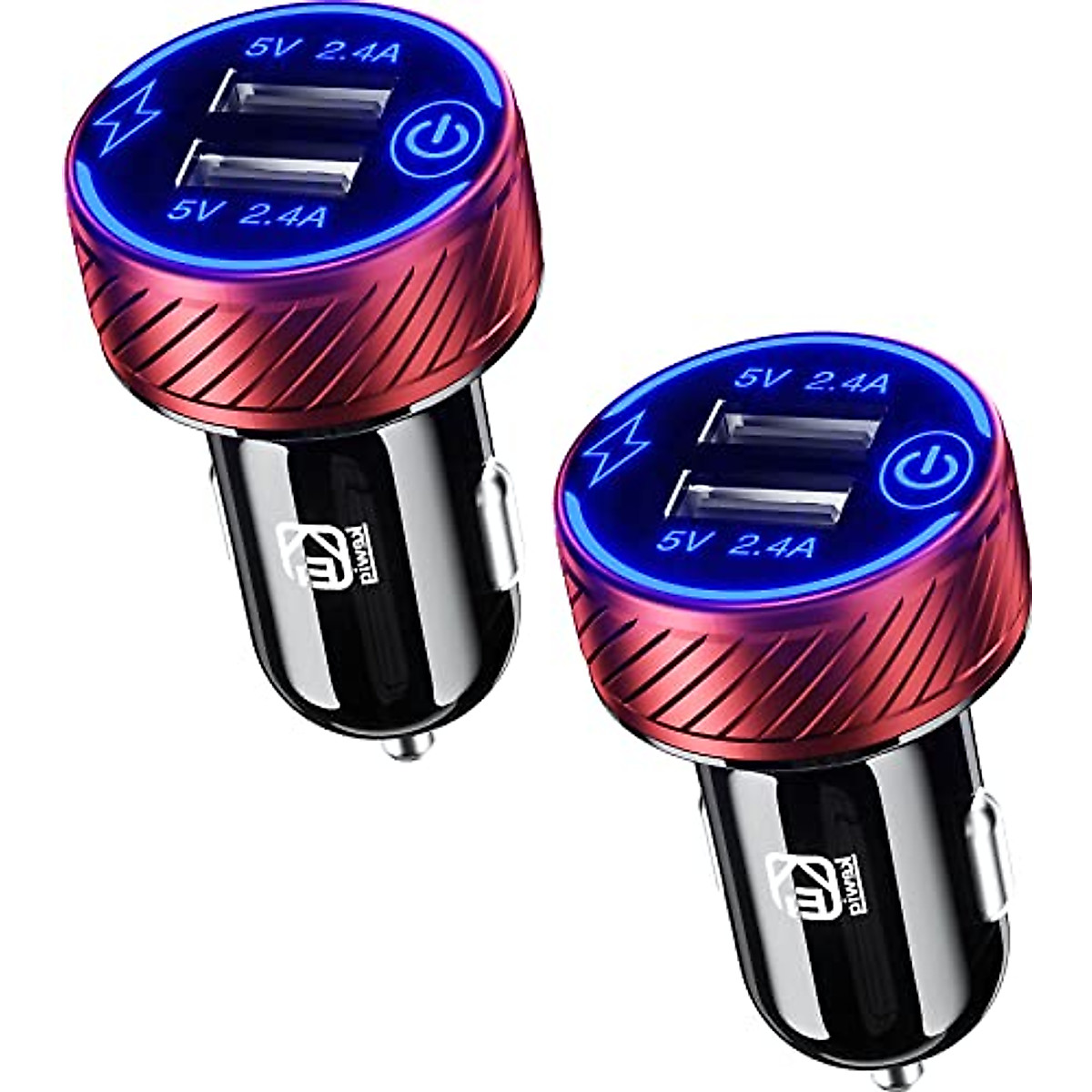 【2Pack】 USB Car Charger, Dual USB Port Car Charger Adapter, 5V/4.8A Charge Car Phone Charger with Blue LED & Touch Switch Fit for iPhone 13/12 Pro/Max/8, Galaxy S21/20/10/9 (Red)