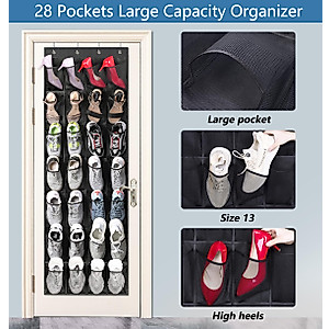 MISSLO 28 Large Pockets Hanging Shoe Organizer Over The Door Shoe Rack for Closet Door Storage Mesh Shoe Holder Hanger for Men, Black