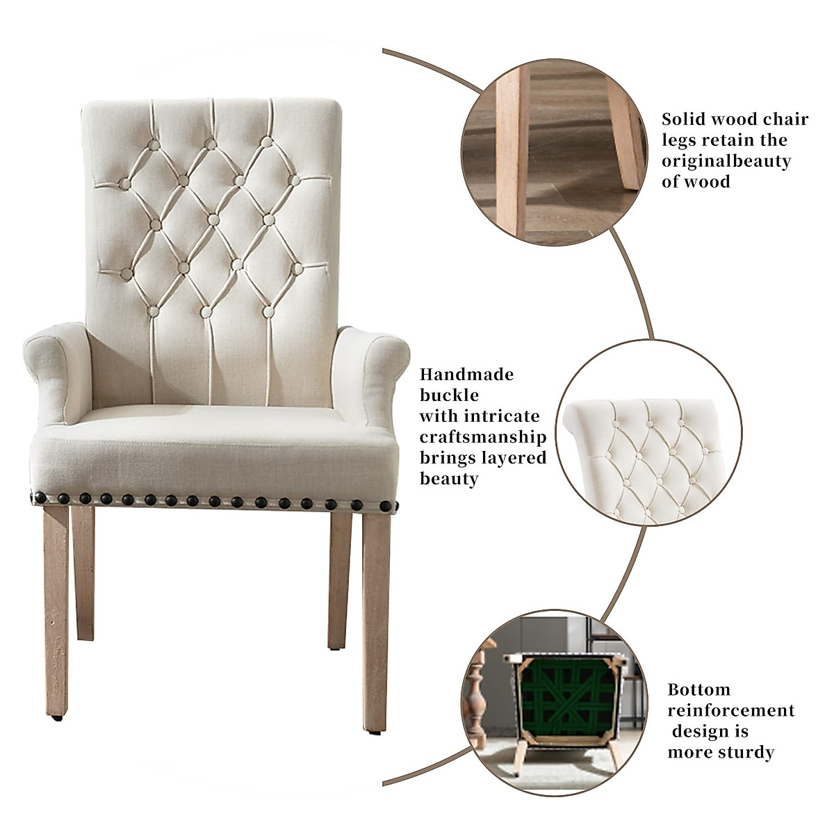 Dining Room Chairs with Arms,Tufted Upholstered High Back Nailed Trim with Untique Oak Wood Legs for Kitchen Restaurant Room Bedroom (Beige)