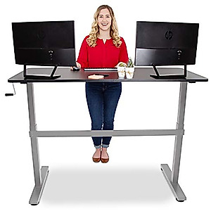 Stand Steady Tranzendesk 55 Inch Standing Desk | Easy Crank Height Adjustable Sit to Stand Workstation | Modern Ergonomic Desk Supports 3 Monitors | Great for Home & Office! (Black Top/Silver Frame)