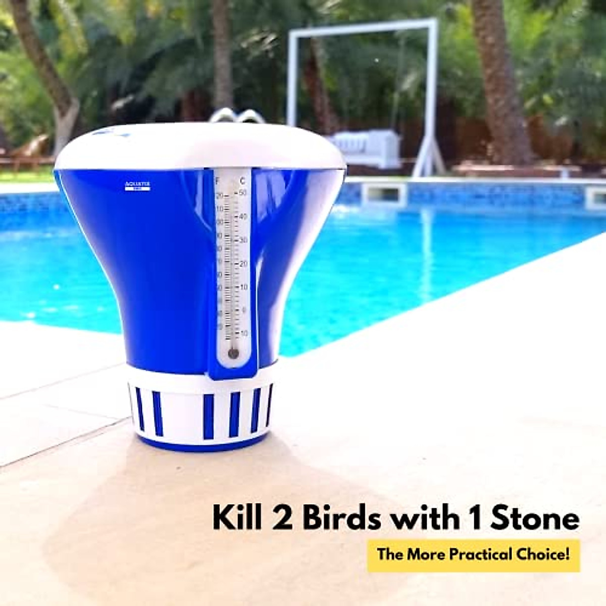 Aquatix Pro Pool Chlorine Floater Dispenser with Thermometer for 1 to 3 inch Tablets, Large & Durable Floating Dispenser for Spa, Hot Tub, In-ground & Above Ground Pools, Adjustable Flow Rate