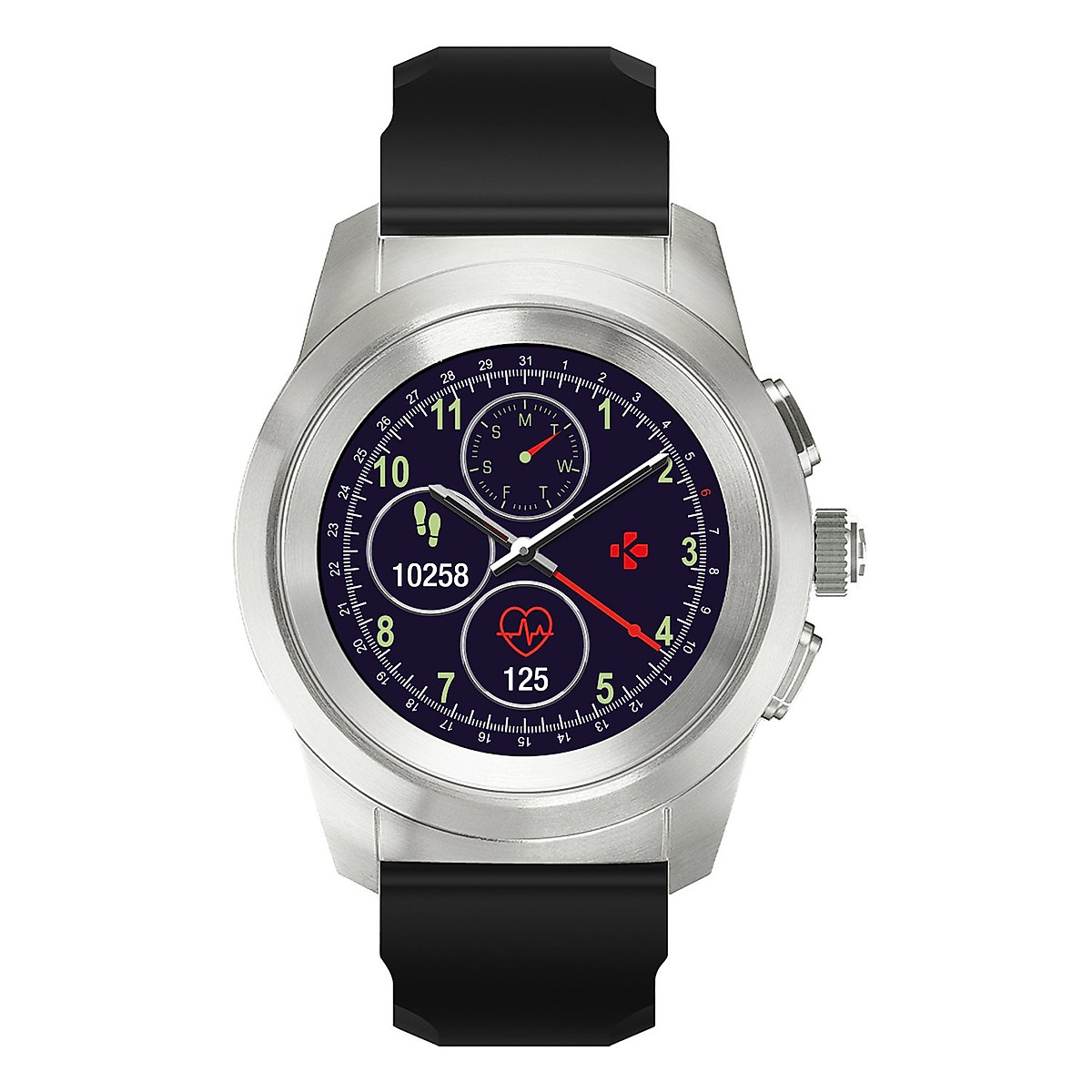 MyKronoz ZeTime Original Hybrid Smartwatch 39mm with Mechanical Hands Over a Color Touch Screen – Brushed Silver/Black Silicon Flat - New Never Opened Box (Renewed)