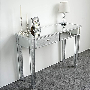 Mirrored Console Table with 2 Drawer, Silver Mirrored Makeup Dressing Table Vanity Desk, Modern Writing Desk Media Table for Bedroom Entryway Home Office