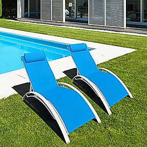 Patio Lounge Chairs Set Outdoor Chaise Lounge Recliner,Tanning Chairs for Outside,Adjustable Chaise Lounge with 2 Pillows for Beach Pool Poolside Yard,2 Pcs,Blue