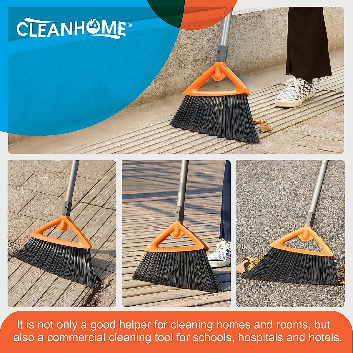CLEANHOME 3 Pack Heavy Duty Outdoor Broom with Long Handle for Patio,Lobby,Garden,Kitchen,Deck,Yard,Sweeping -Commercial Grade Angle Broom with Stiff Bristles and Sponge Handle