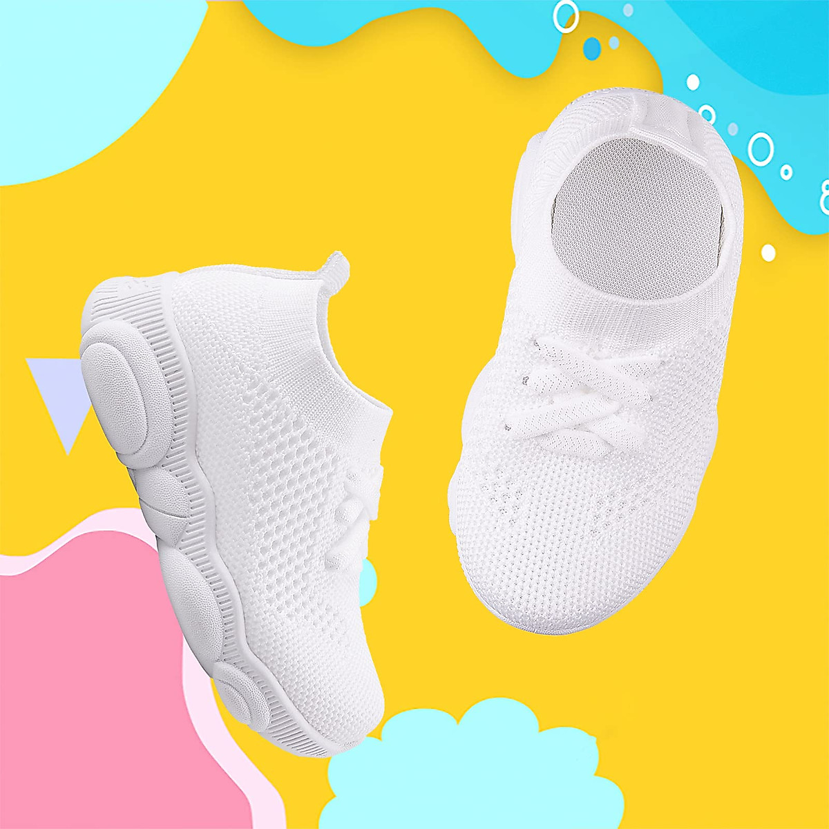 Baby First Walking Shoes 1-4 Years Kid Shoes Trainers Toddler Slip on Infant Waves Shoes Boys Girls Cotton Mesh Breathable Sneakers Outdoor(White,5 T) Bear22