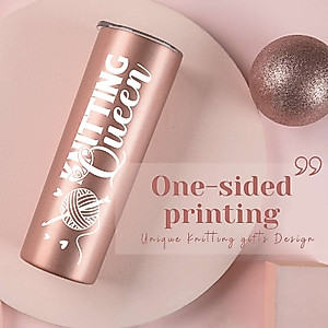 Onebttl Knitting Gifts for Women, Crochet Lovers - Knitting Queen - 20oz/590ml Stainless Steel Insulated Tumbler with Straw & Lid, Crochet Gift for Birthday, Christmas (Rose gold)