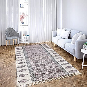 Casavani Hand Block Printed Cotton Dhurrie Geometric Brown & Black Tassel Rug Easy Care Washable Rugs for Doormat Entryway Living Room Bedroom Hallway Balcony 9x9 Feet Square