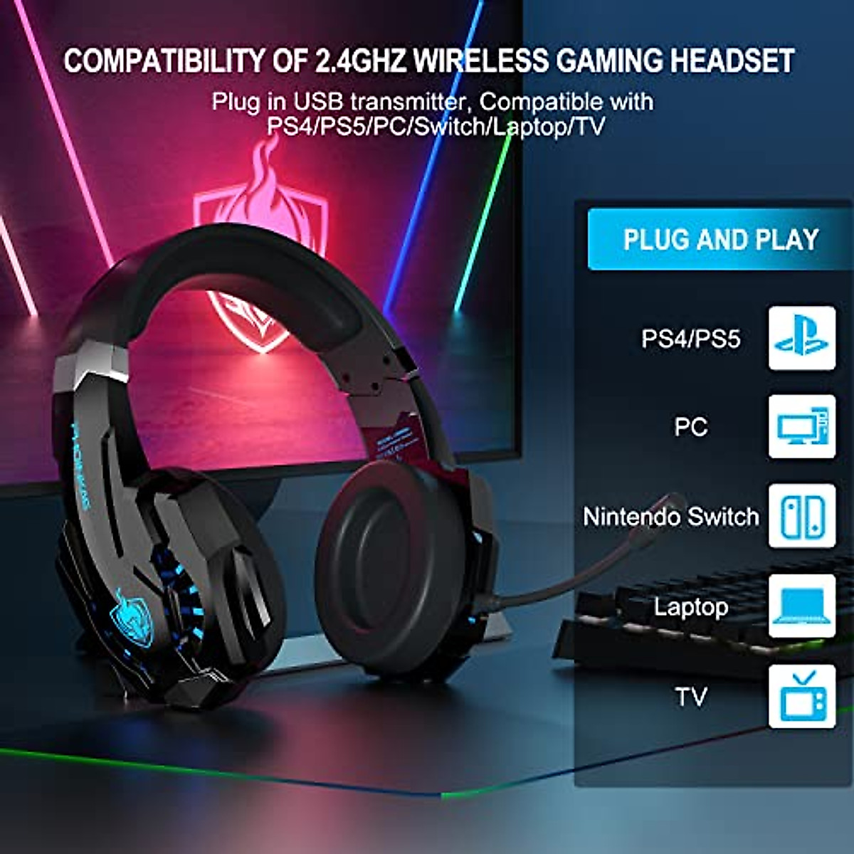 PHOINIKAS Wireless Gaming Headset with Microphone, G9000 2.4G Wireless Headset for PC PS4 PS5 Switch, Over Ear Headphones with 7.1 Stereo Sound, 3.5mm Wired Gaming Headset for Laptop/Phone/Tablet