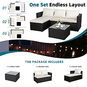 SUNLEI Patio Furniture Set with Detachable Soft Cushions, All Weather Outdoor PE Rattan Patio Conversation Sofa Set, 3-Piece Patio Sectional Sofa with Glass Coffee Table & Ottoman, Black Rattan/White