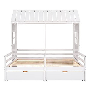 ODC Double Twin Size House Beds with 2 Drawers Solid Wood House Bed Frame for 2 Kids, Tent Bed for Boys Girls Teens Bedroom with Storage,Roof, Windows, Guardrail, 2 in 1 Bed No Box Spring Needed