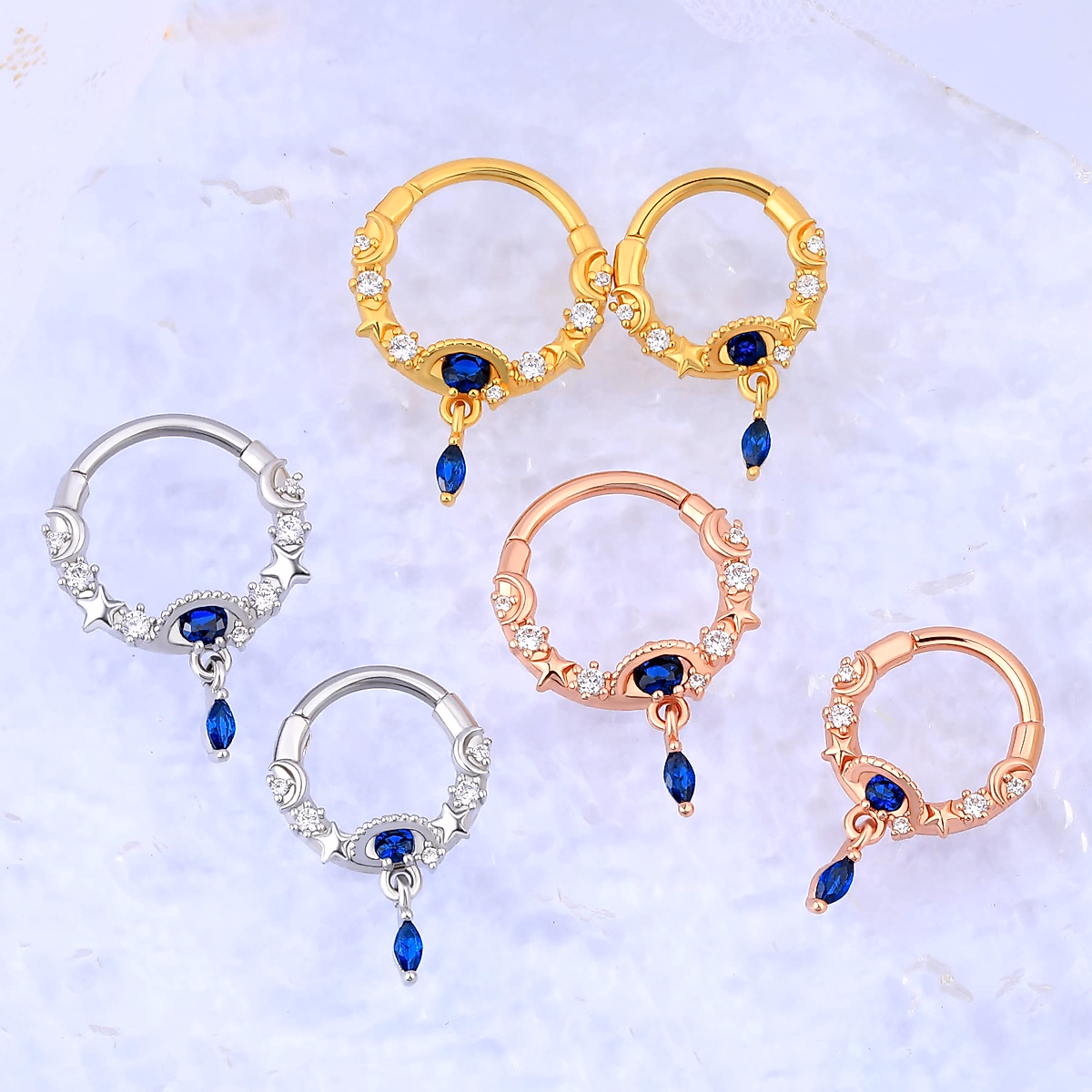 Melighting 16G Septum Rings Dangle Septum Jewelry with Blue Planet Clear CZ Surgical Steel 316L Star Daith Earrings Moon Helix Earring Nose Rings Piercing for Women Men