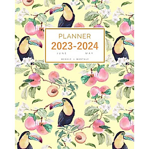 Planner 2023-2024: 8x10 Weekly and Monthly Organizer Large from June 2023 to May 2024 | Vintage Rose Wildflower Berry Design Yellow