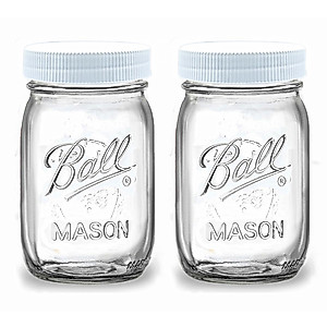 Regular Mouth Mason Jars 16 oz - (2 Pack) - Ball Regular Mouth 16-Ounces Pint Mason Jars with White M.E.M Food Storage Plastic Lids - For Storage, Freezing - Leak Proof, Microwave & Diswasher Safe