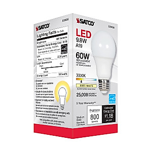 Satco S39836/06 9.8-Watt LED E26 Light Bulbs, 3000K, 25000 Hour Rating, Dimmable, 1 Count (Pack of 6)