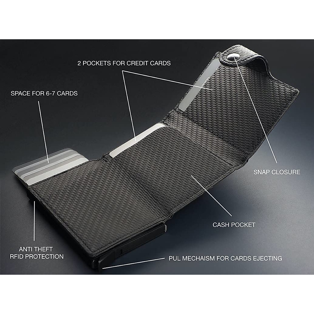 PULARYS Mini Wallet CARBON - Card Case Made of Carbon Eco-Leather - RFID blocking - Size: 7.5 x 9.5 x 2.5 cm - Space for up to 9 Cards - One Note Compartment Secured with Snap Closure