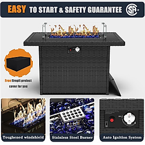 KHOLH 7 Pieces Patio Furniture Conversation Sofa Set with 44" Propane Gas Fire Pit Table, Outdoor Sectional Rattan Wicker Sofa Set