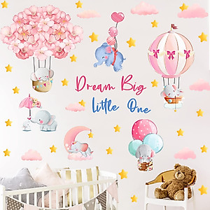 KOKOLAP Dream Big Little One Wall Stickers,Pink Elephant Wall Decals Nursery Decor,Flowers Hot Air Balloon Wall Sticker Baby Girl Room Decor,Cloud Stars Wall Decal for Kids Room Bedroom Playroom Decor