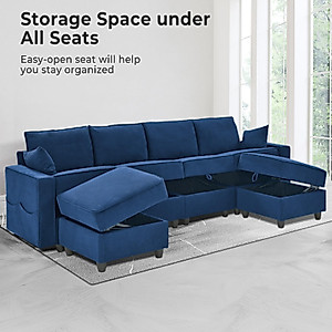 Unovivy 112.6" Modular Sectional Sofa, Convertible U Shaped Module Storage Reversible Ottomans, 6 Seater Corduroy Velvet Couch for Living Room, Blue