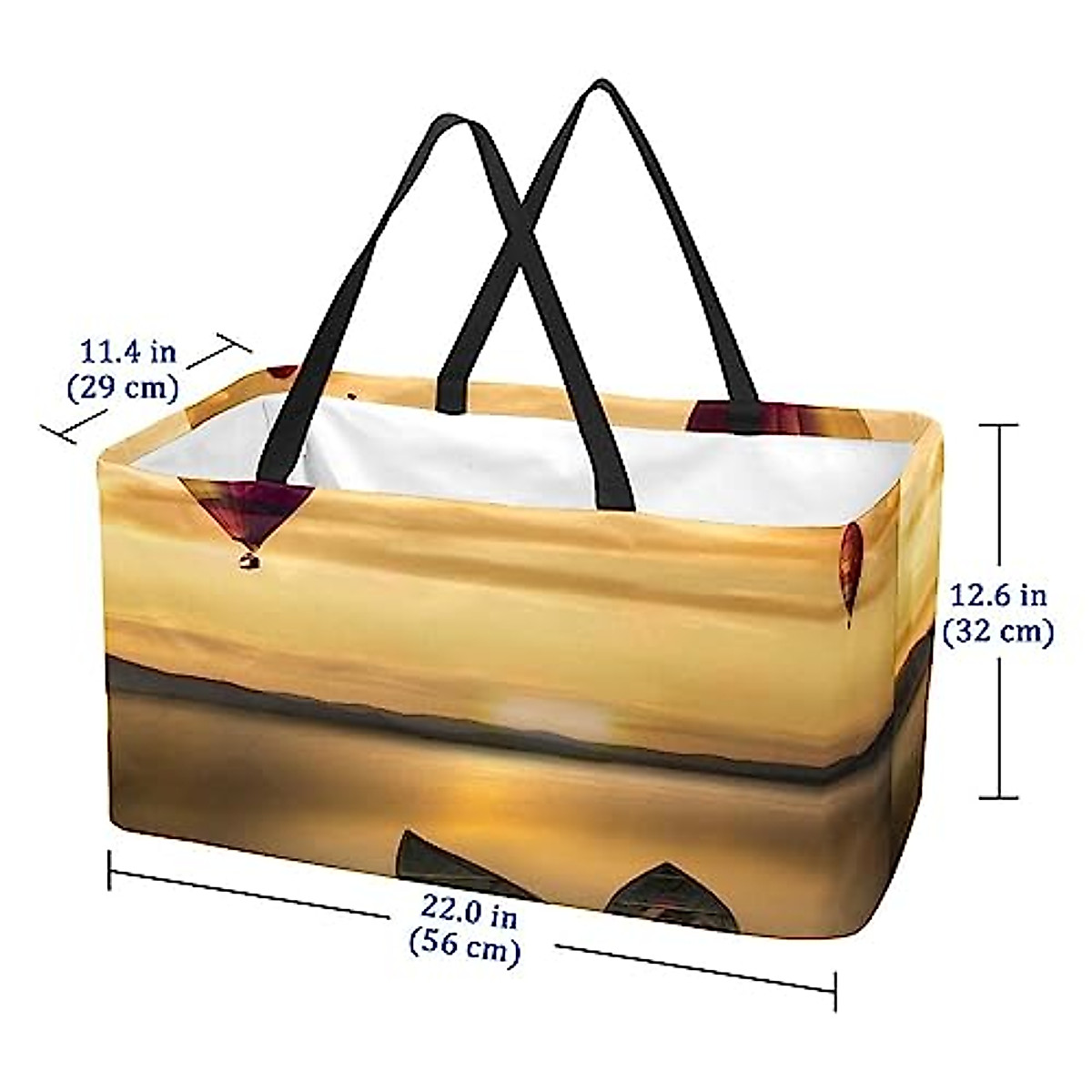 KQNZT Reusable Grocery Bags, Heavy Duty Reusable Shopping Bags, Large Tote Bags with Long Handles and Reinforced Bottom, Lake Boat Hot Air Balloon Sunset