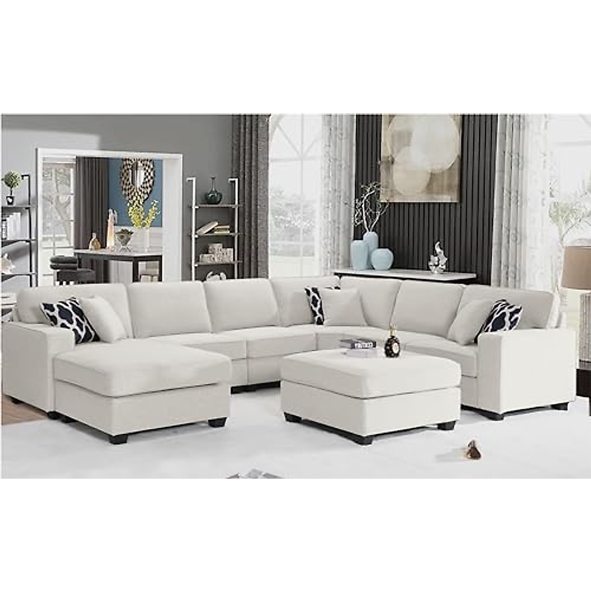 Legend Vansen 137'' Reversible Flexible Combination Modular Sofa Couche with Ottoman Sectional, Cream