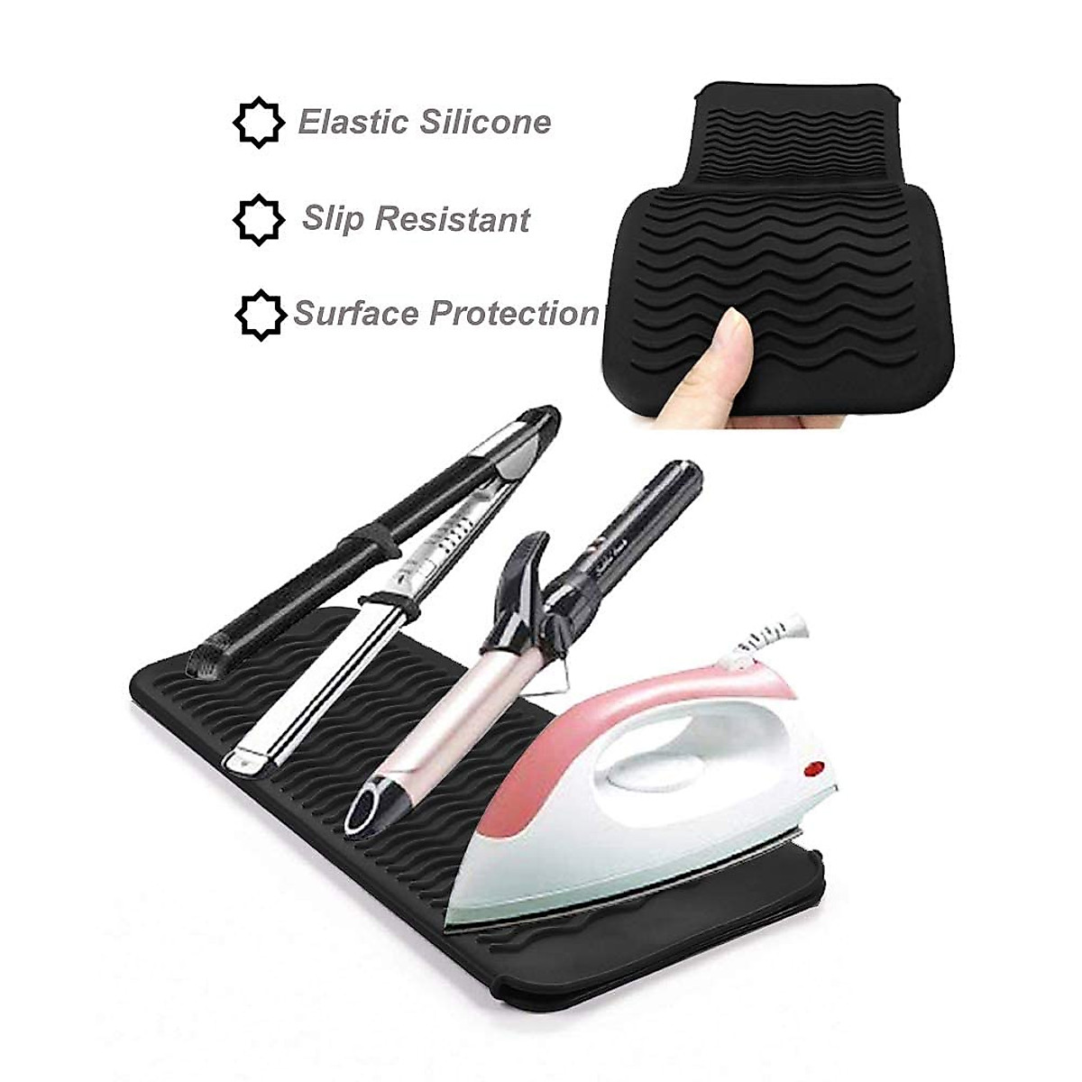 Heat Resistant Silicone Mat and Glove Set for Hair Straighteners and Flat Irons - 11" x 6" Mat, 8.7" x 5.2" Bump Glove, Black