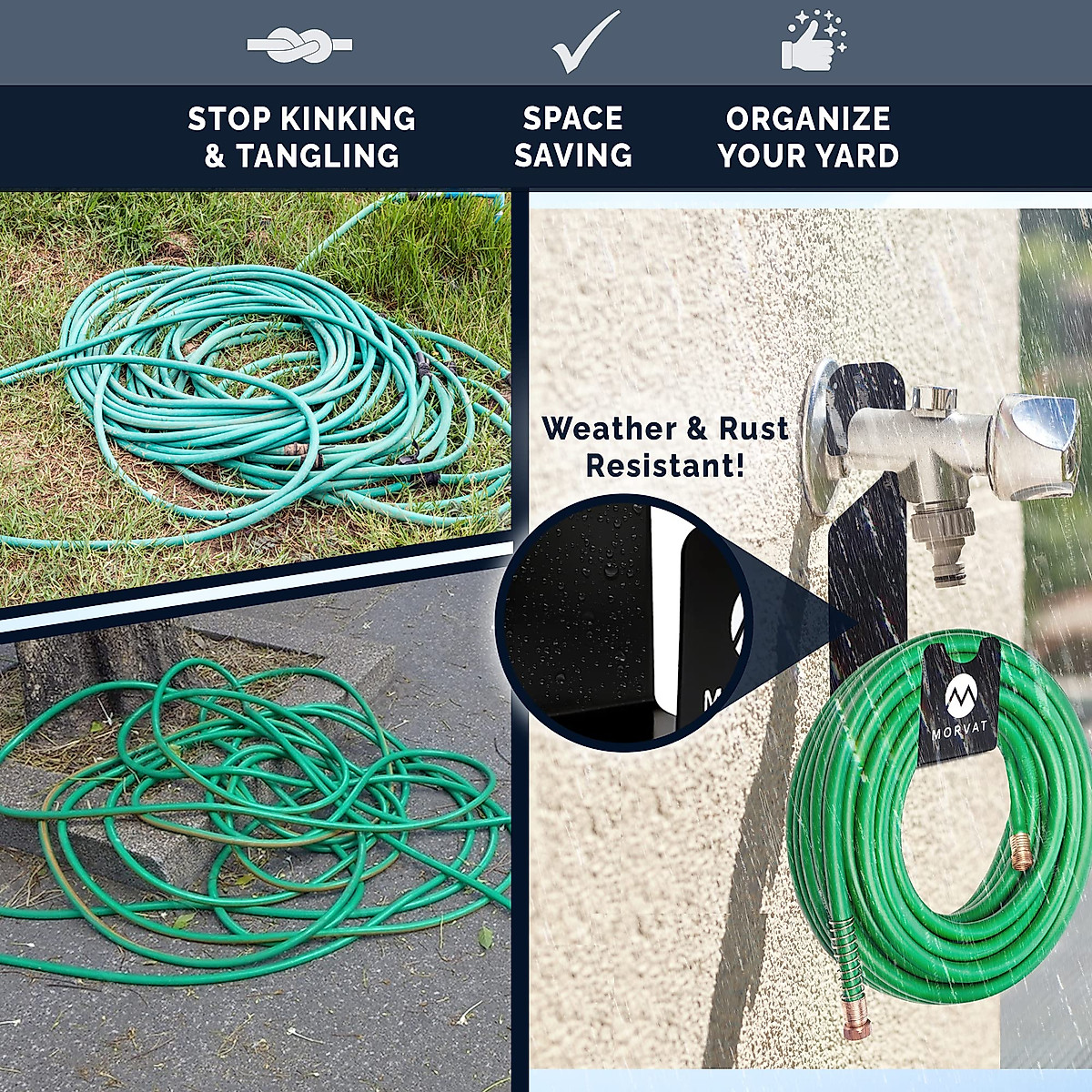 Morvat Premium 150 Ft Hose Hanger with Rust Resistant Metal, Organize Your Garden, Garage & Outdoor Storage Area, Wall Mount Holder or Hang/Hook Over Water Spigot with Included Screws