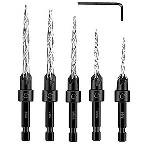 Yakamoz 5Pcs Taper Drill Countersink Set 1/4" Hex Shank Countersinks with Tapered Point Pilot Drill Bits for Woodworking