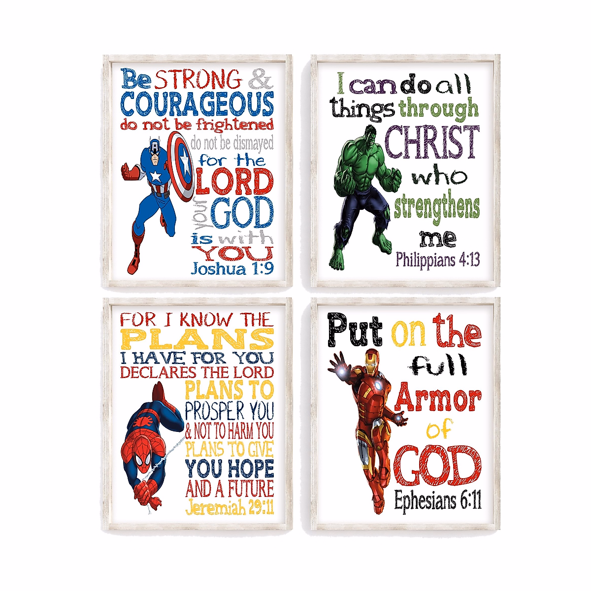 Superhero Christian Nursery Set of 4 Unframed Prints - Captain America, Hulk, Ironman and Spiderman with Bible Verses